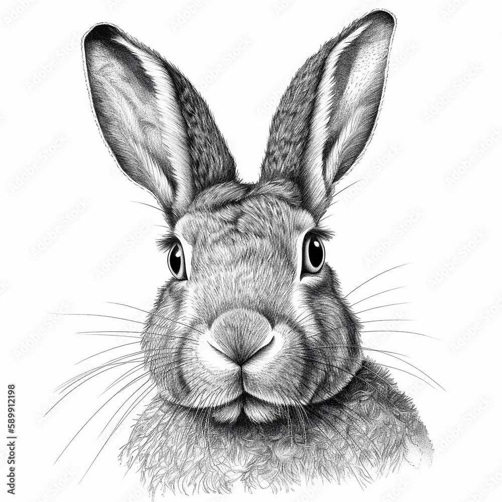 Portrait of rabbit with big ears. Pencil drawing isolated on white ...