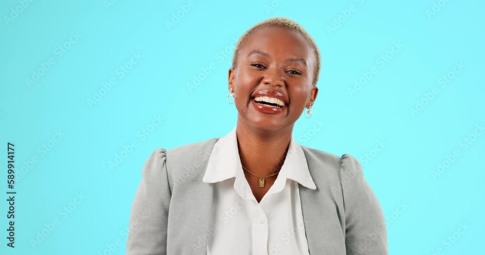 Face, comic and black woman in studio laughing at joke, happy and ...