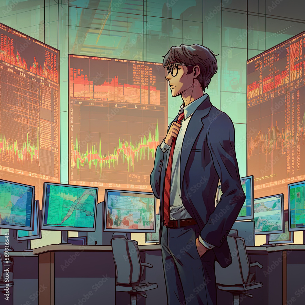 AI generated illustration front view male trader doing analysis and ...