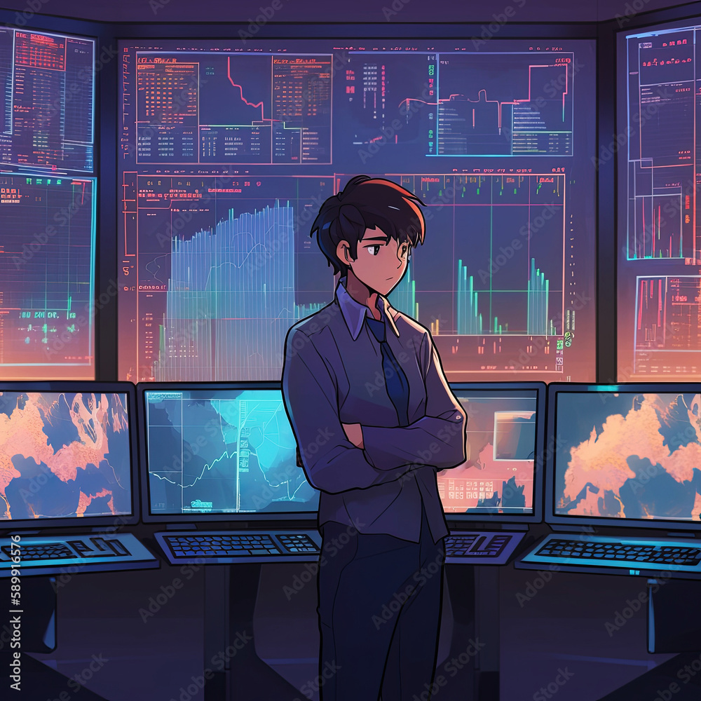 AI generated illustration front view male trader doing analysis and ...