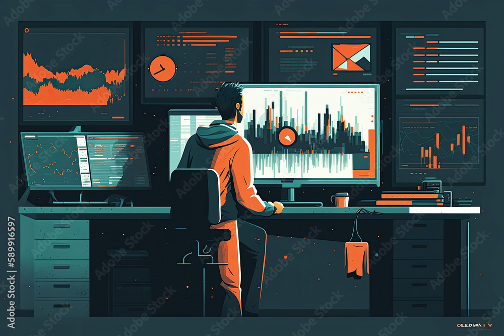 AI generated illustration Trader doing analysis and trading behind ...