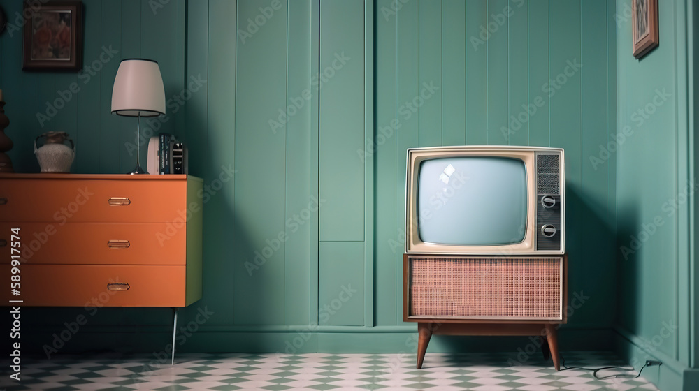 Old-fashioned classic tube TV in a retro living space. Nostalgic home ...