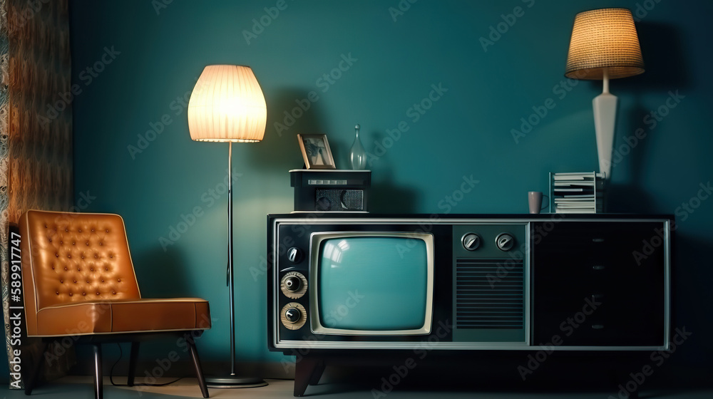 Old-fashioned classic tube TV in a retro living space. Nostalgic home ...