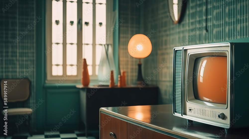 Old-fashioned classic tube TV in a retro living space. Nostalgic home ...