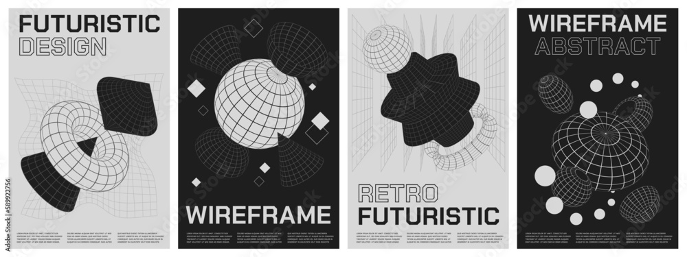 Modern wireframe posters. Retro futuristic modern grid shapes of ...