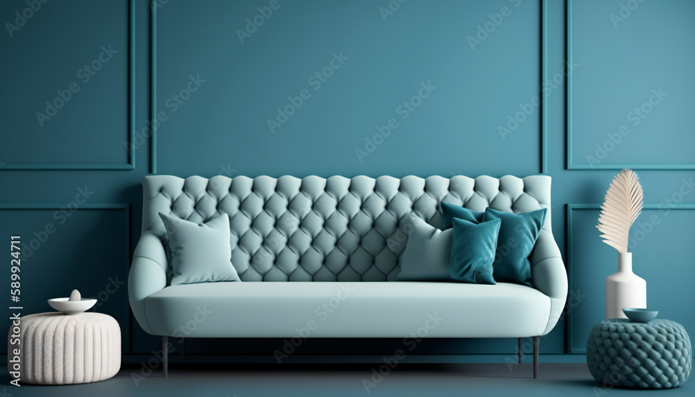 modern living room interior design, tufted sofa, blue wall background ...