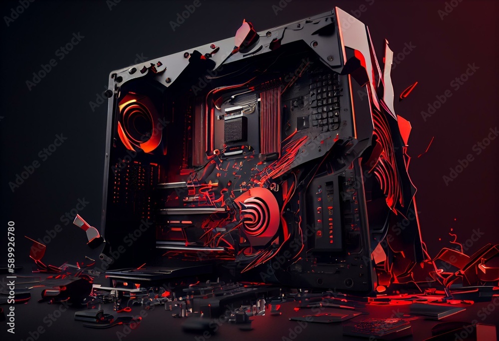 Modern computer's hardware components explosively spread from red and ...