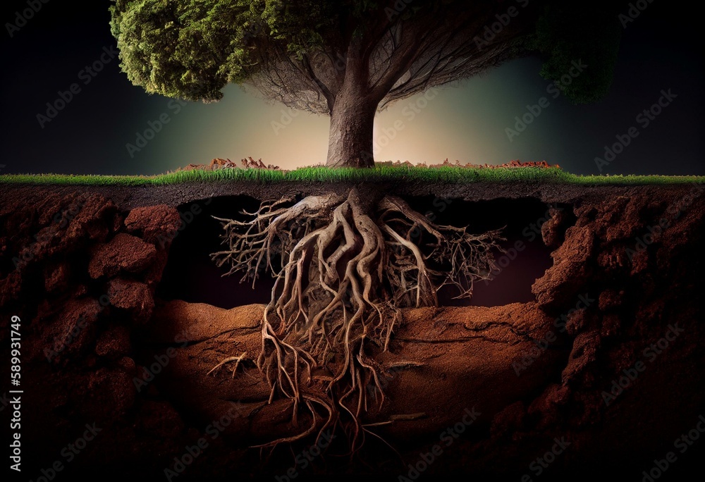 Cross section of soil with tree roots. Generative AI Stock Illustration ...