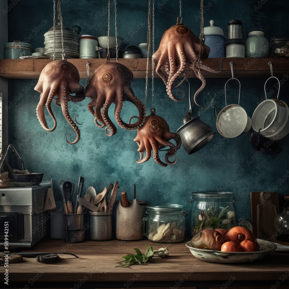 Curious Octopus Explores Vintage Kitchen Utensils Amidst Ocean-Inspired ...