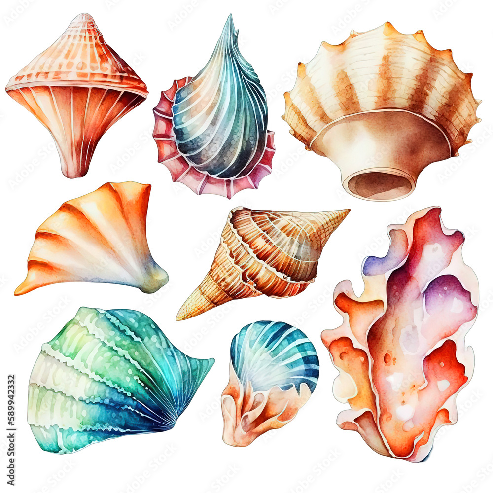 watercolor Set of Seashells on isolated Transparent Background. Hand ...