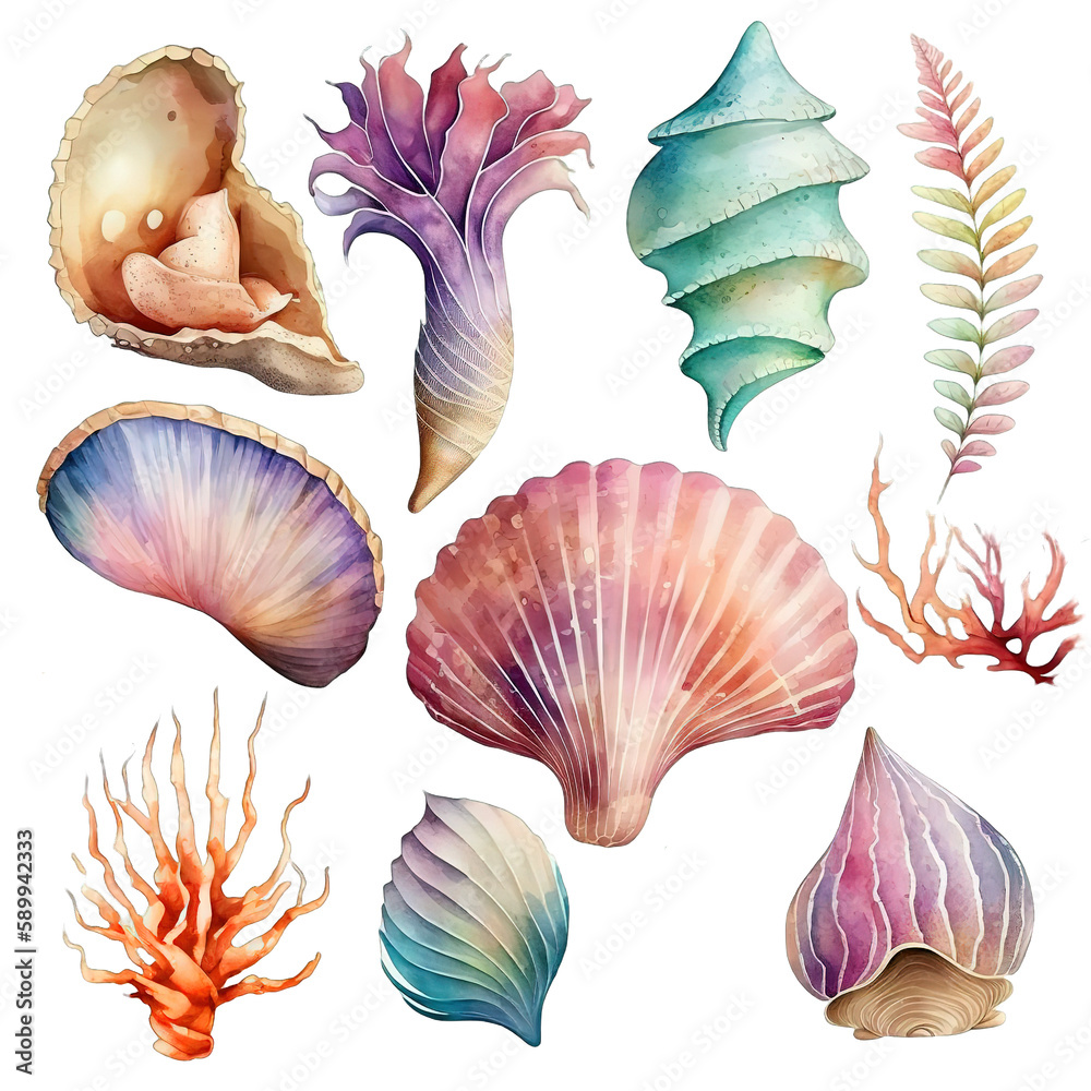 watercolor Set of Seashells on isolated Transparent Background. Hand ...