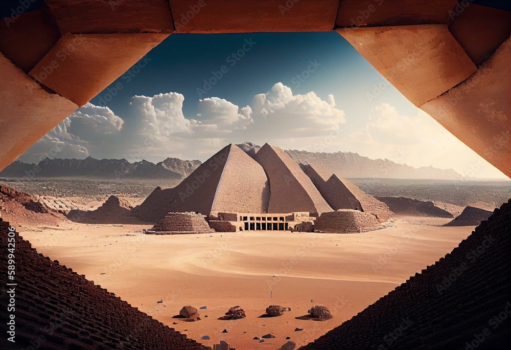 Stockillustratie Modern stadium in Saudi Arabia with ancient pyramids ...