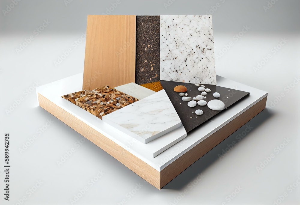 Image of interior material board featuring white marble, slate ...