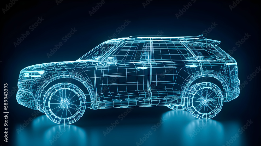 Side view Futuristic SUV wireframe concept with blue theme background ...