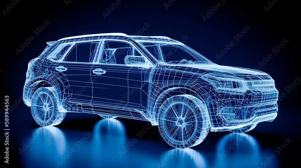 Side view of modern SUV car wireframe in blue color, generative ai, SUV ...