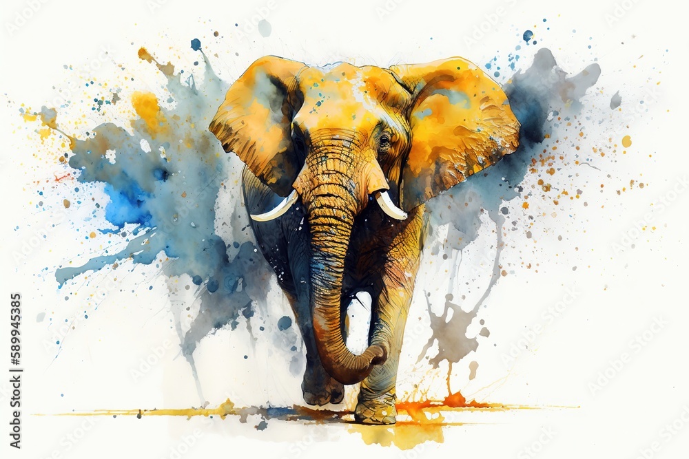 Watercolor of a Elephant in aquarelle style with paint splatters ...
