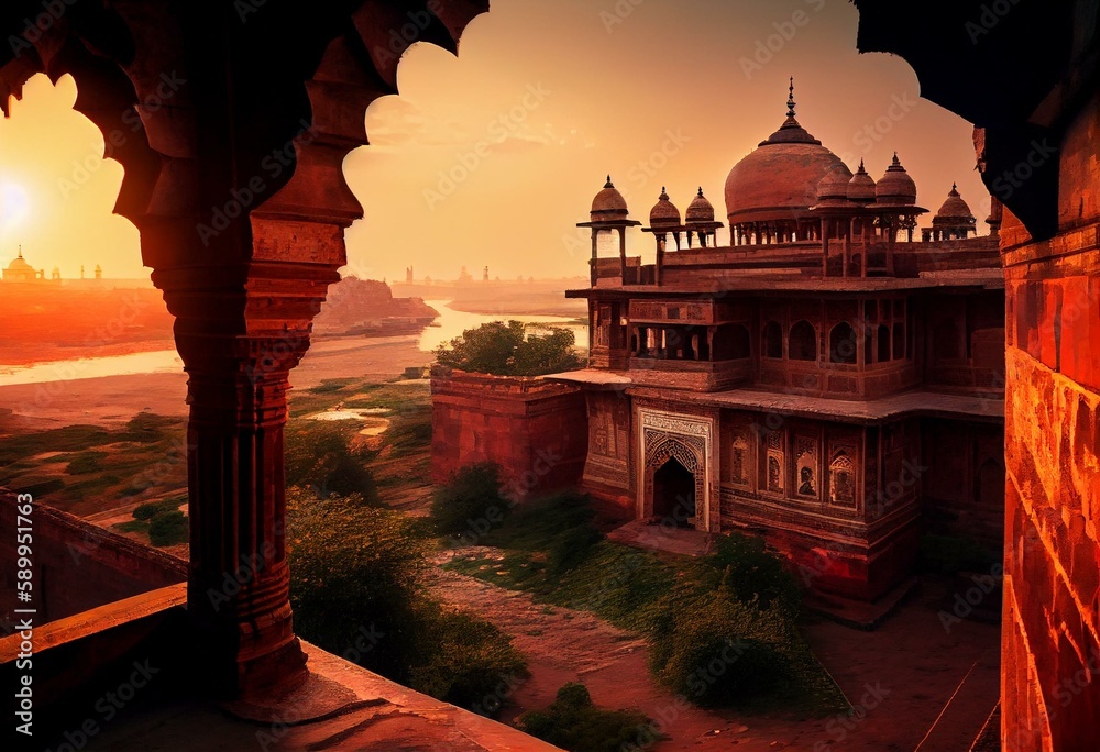 Medieval Indian fort made of red sandstone and marble with a view of ...