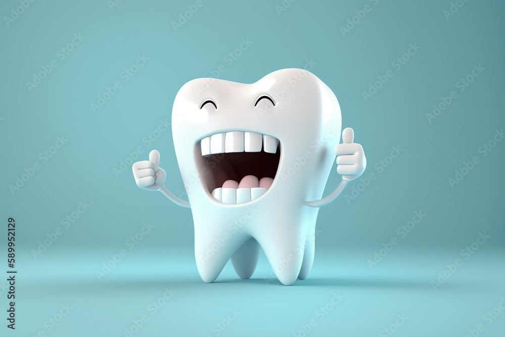 3D realistic happy white tooth cartoon character with thumbs up ...