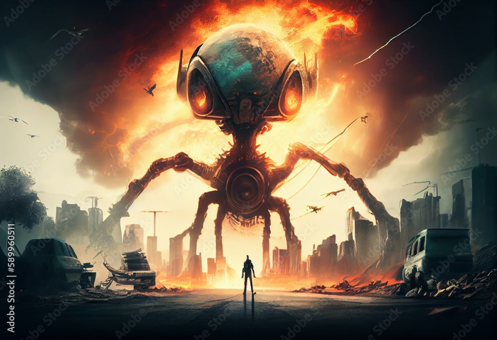 Cartoon poster depicting apocalyptic alien invasion from War of the ...