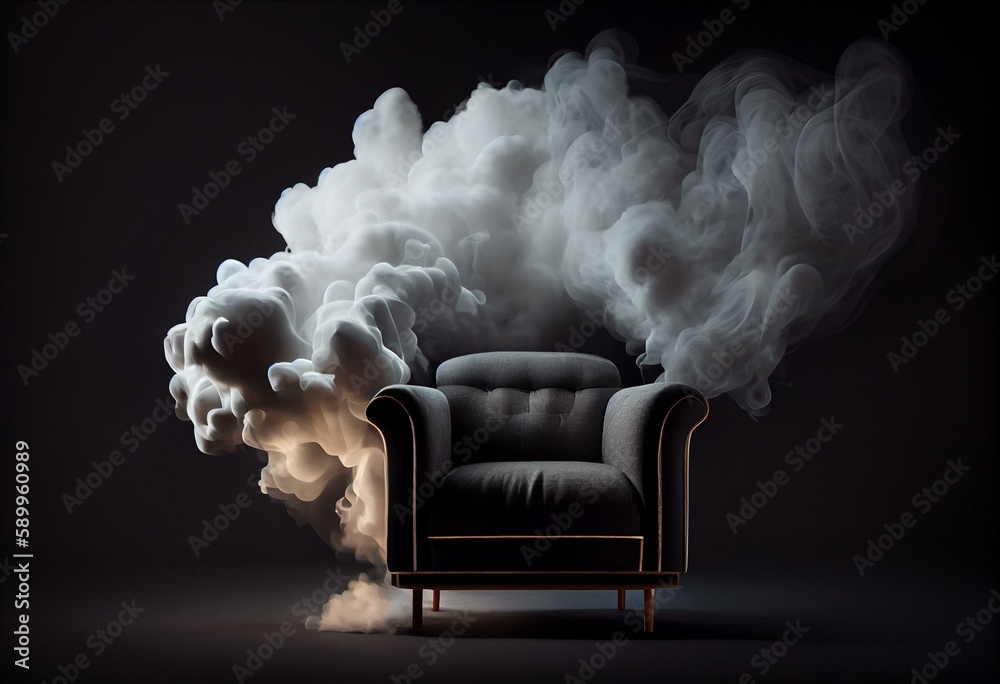 Smoke rises from couch in dark room with white chair, wooden floor ...
