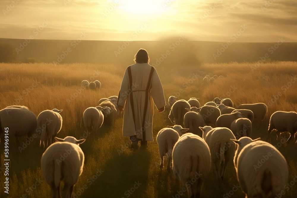 Photo & Art Print Shepherd Jesus Christ leading the sheep and praying ... Photo & Art Print Shepherd Jesus Christ leading the sheep and praying ...