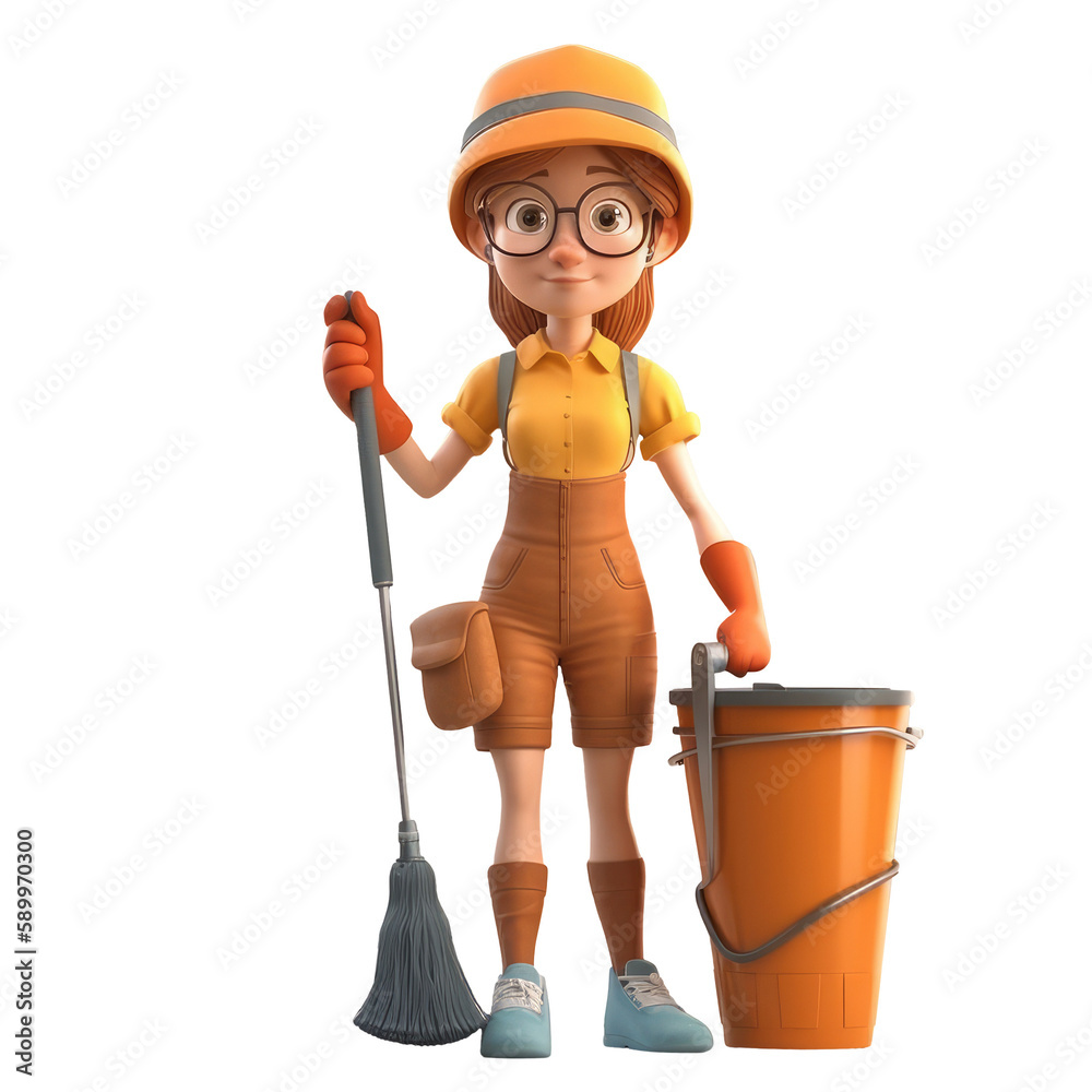 3D icon cute Young woman housewife cleaning the floor with a mop ...
