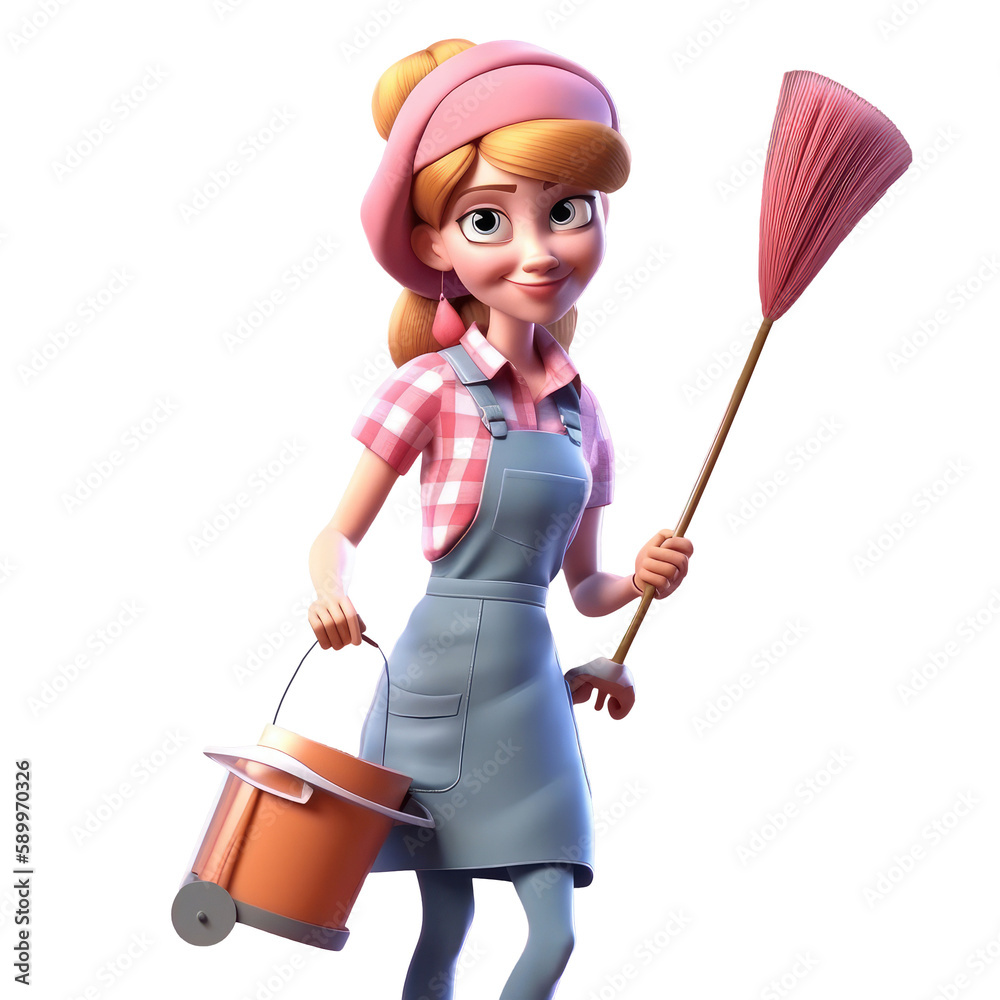 3D icon cute Young woman housewife cleaning the floor with a mop ...