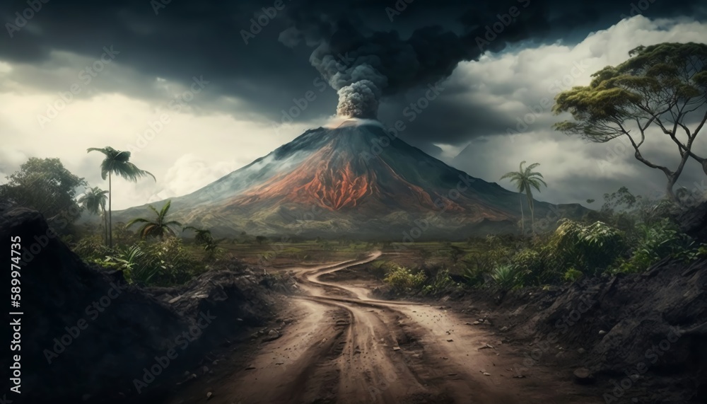Jungle road under Jurassic volcano sky and clouds,Generative AI Stock ...