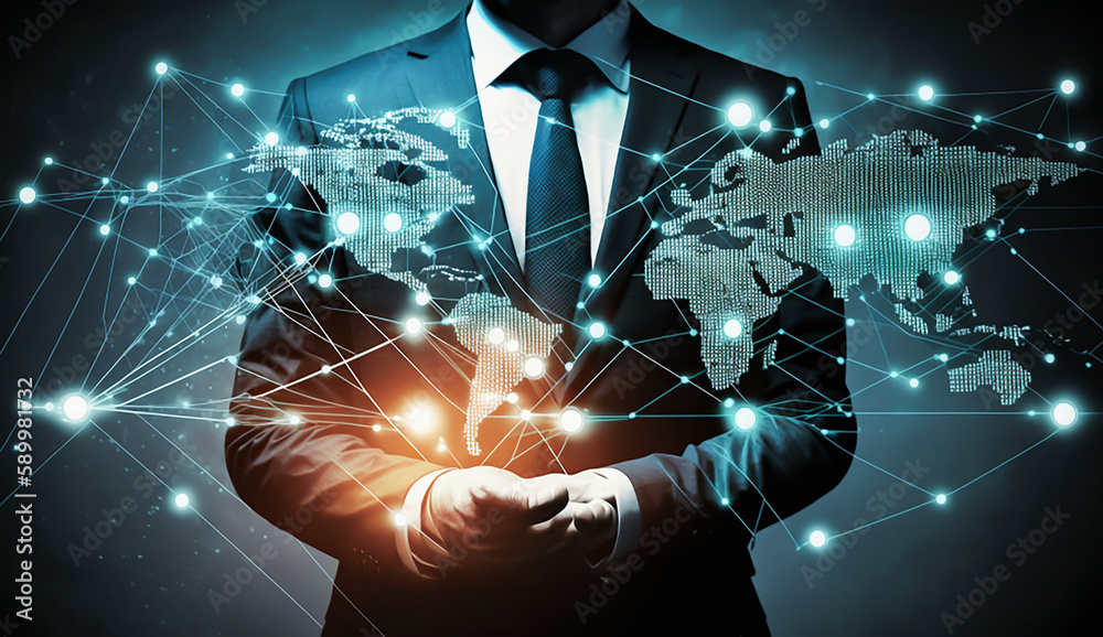 Digital technology, businessman holding Global network connection. Big ...