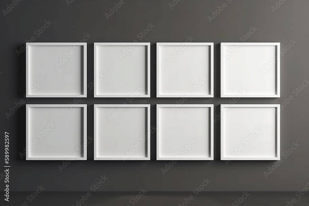White square frame template mockup for 8 designs, modern black wall ...