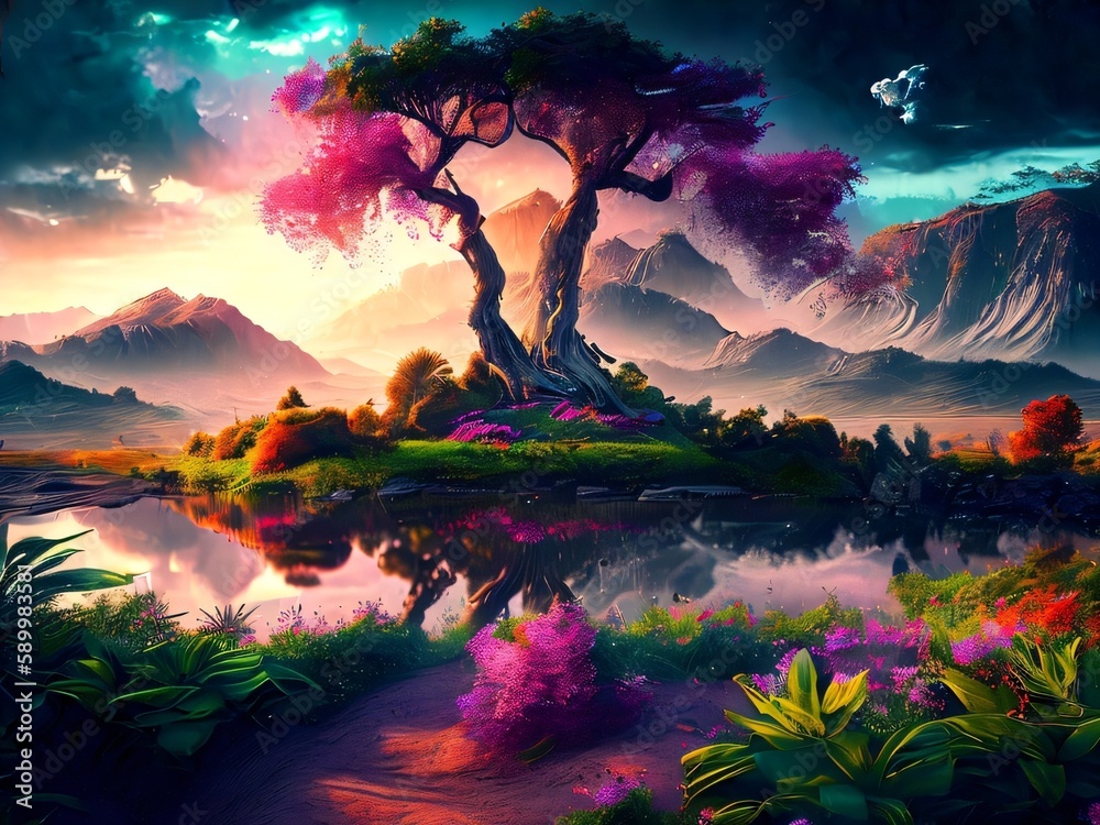 The Garden of Eden. Plants and nature in a heavenly place. A view of ...