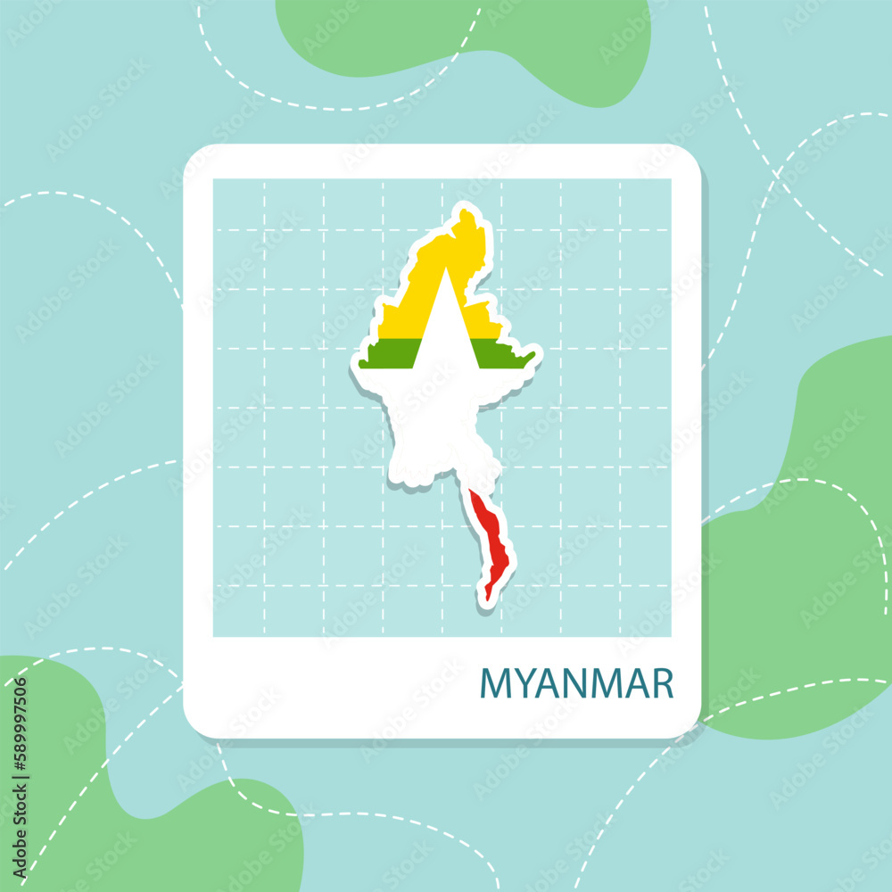 Stickers of Myanmar map with flag pattern in frame. Stock Vector ...