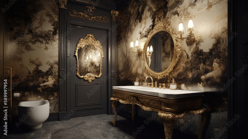 Baroque-inspired powder room with gold accents features stunning ...