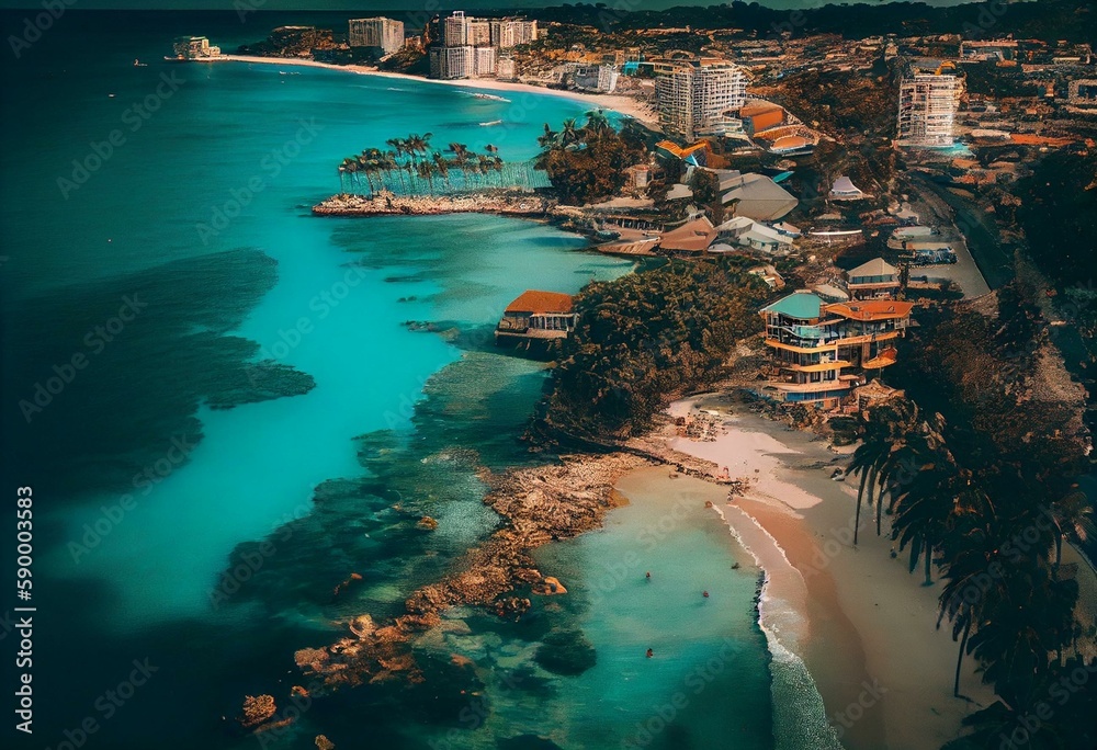 Aerial view of Jamaica's Ocho Rios coast, with sandy beach and ...