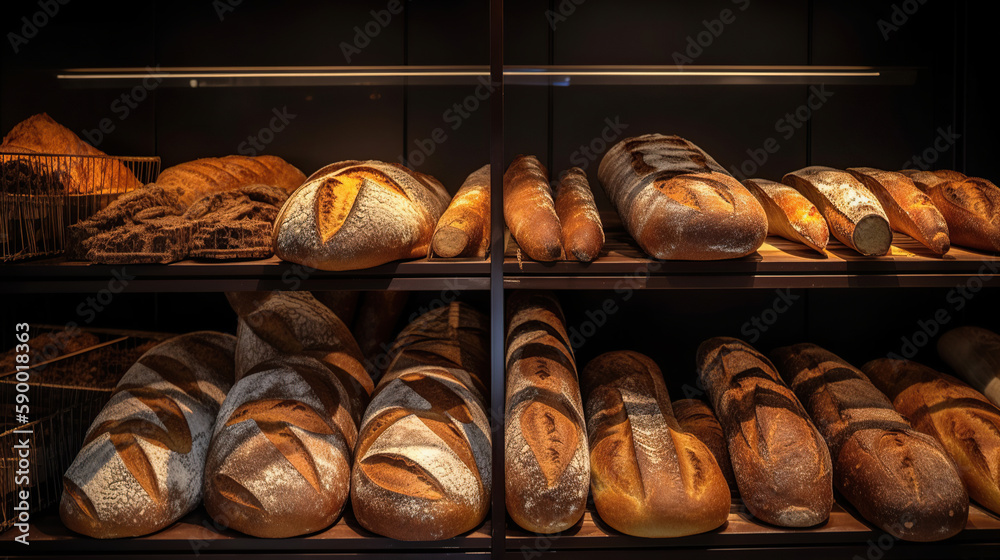 Delicious loaves of bread in a baker shop. Different types of bread ...