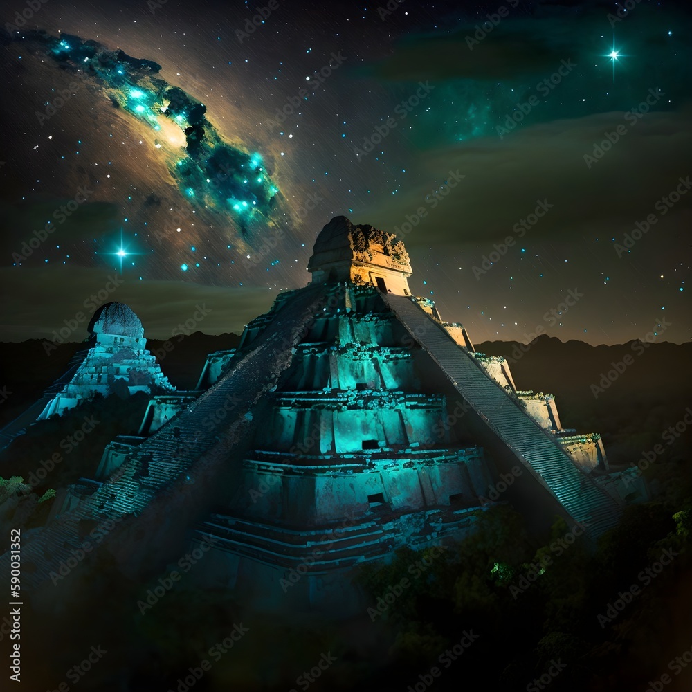 bioluminescent space satellites over ancient Mayan pyramids Stock ...
