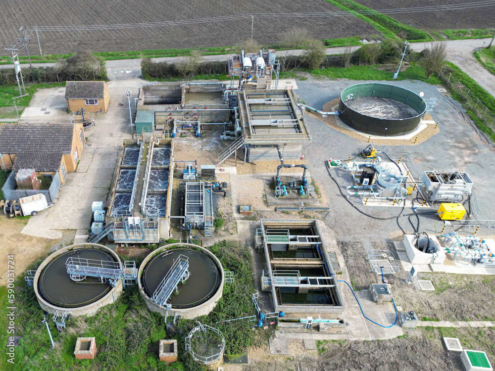 Aerial view of a newly extended sewage treatment works showing the ...