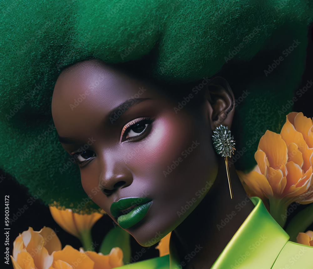Black woman wearing green high fashion clothing with green afro hair ...