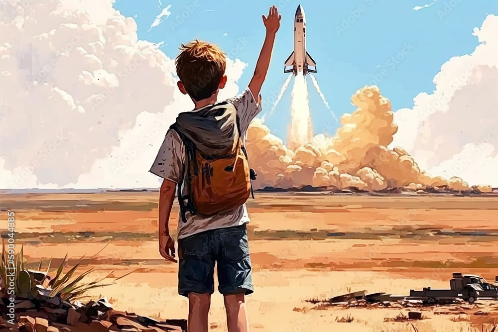 boy waving goodbye to spaceship, Generative AI Stock Illustration ...