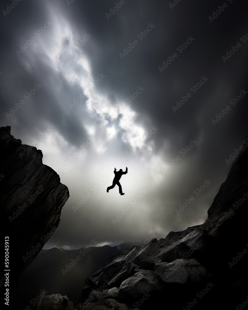 Athletic silhouetted man jumping from one cliff to another in gloomy ...