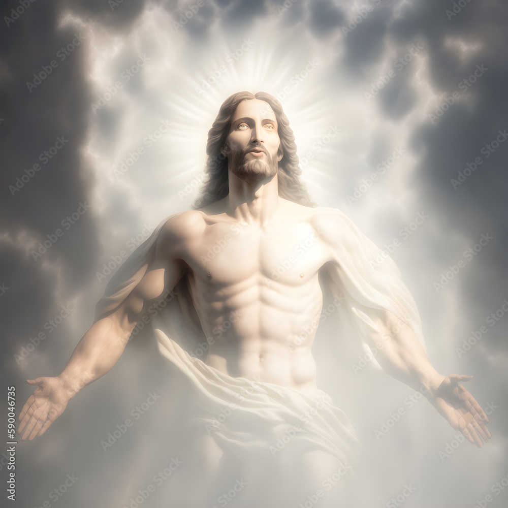 Jesus with his arms out in acceptance in white with a halo made of ...