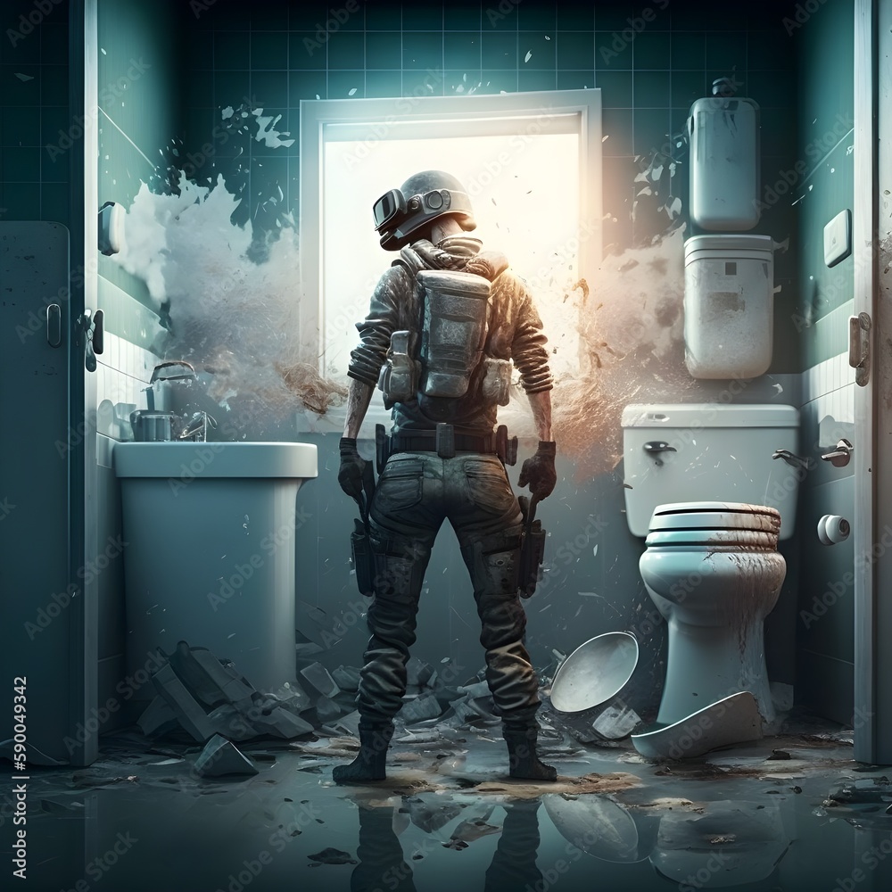 man standing in destroyed bathroom dressed in military gear wearing ...