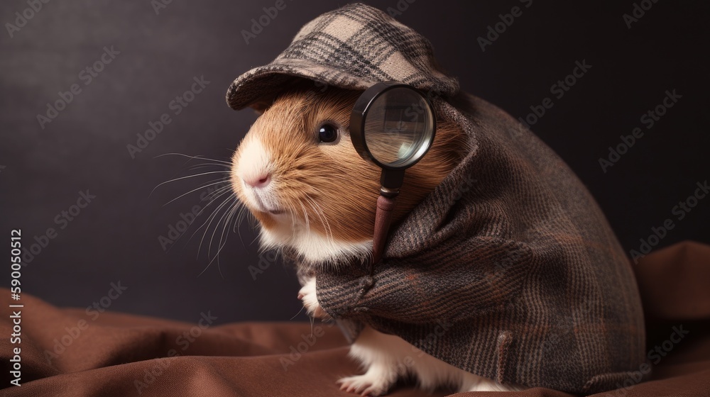 Guinea pig in a detective's trench coat and hat, holding a magnifying ...