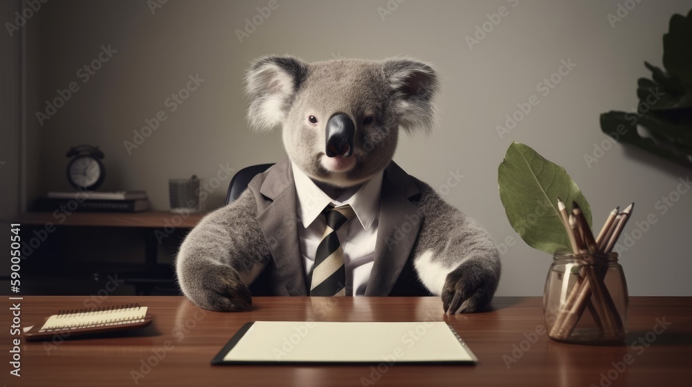 Koala dressed in a suit and tie, sitting behind a desk with a nameplate ...