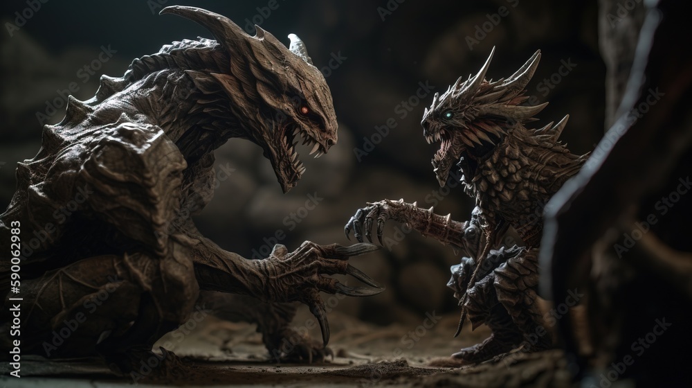 a couple of demonic looking monsters fighting in a dark room with a ...