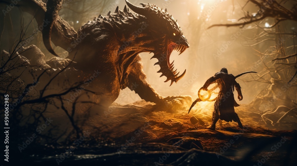 a man standing in a forest next to a giant monster with a sword in his ...