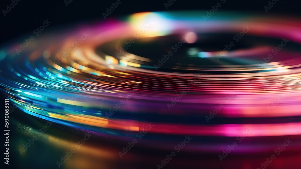 a close up of a disc on a black surface with a reflection of light on ...