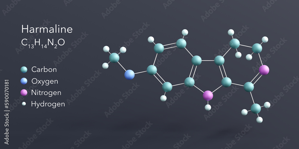 harmaline molecule 3d rendering, flat molecular structure with chemical ...