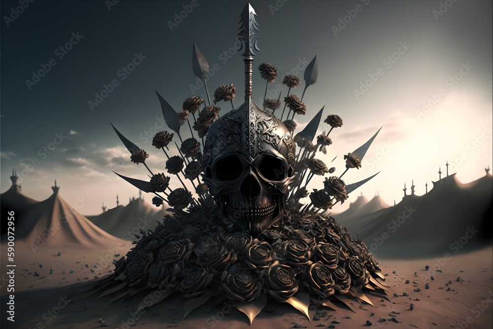 black rose background is the field with scattered many dusty swords and ...