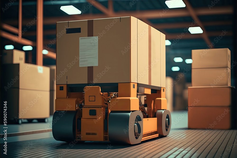 Mobile robot transporting a box in a warehouse. Automated retail ...